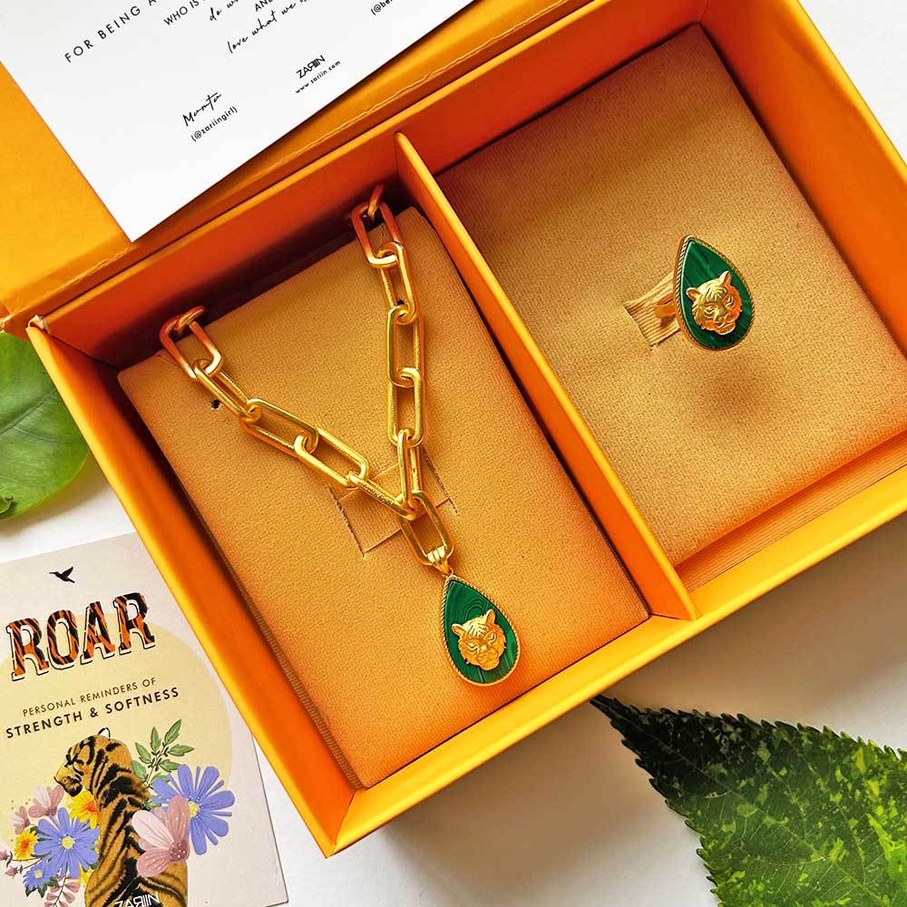 Tigris Charm Gift Box -Tiger Necklace and Ring with Malachite – Zariin ...